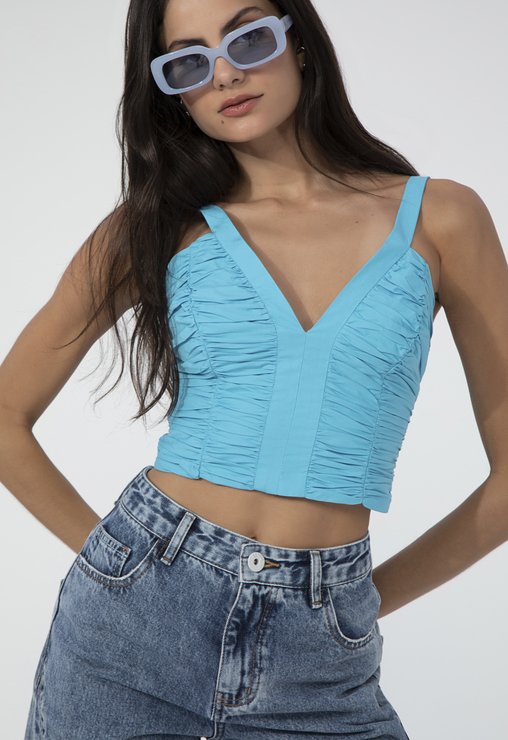 Top Cropped Amora Em Tricoline Azul | Schutz